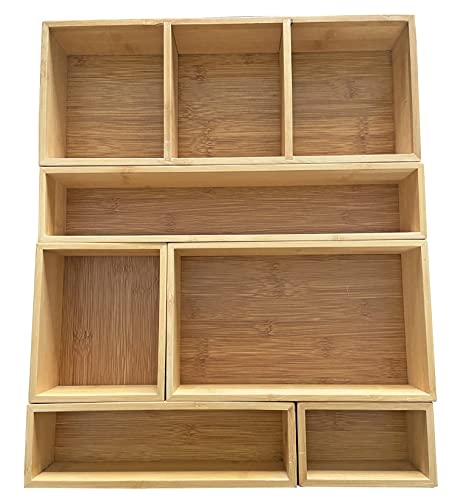 Bamboo Junk Drawer Organizer and 6 Storage Box Dividers Set,8 Compartment Organization Tray Holder for Craft,Sewing,Office,Bathroom.Kitchen …