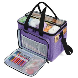 teamoy knitting bag, yarn tote organizer with inner divider (sewn to bottom) for crochet hooks, knitting needles(up to 14”), project and supplies, purple -no accessories included