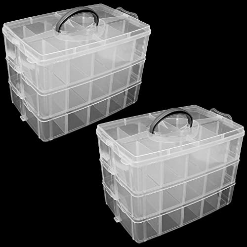 2 Pack 3-Tier Stackable Storage Container Box, Crafts Storage Box with 30 Adjustable Compartments, Plastic Organizer Box for Arts and Crafts, Fuse Beads, Washi Tapes, Jewelry (9.4"x6.5"x7.2")