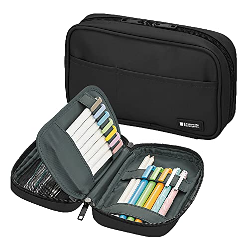 LIHIT LAB Large Capacity Zipper Pencil Case For School Office College, Big Capacity 4 Compartments Pencil Bag Holder Adults Teen Boys Girls, Travel Cosmetics Storage, Jet Black (A7551-124)