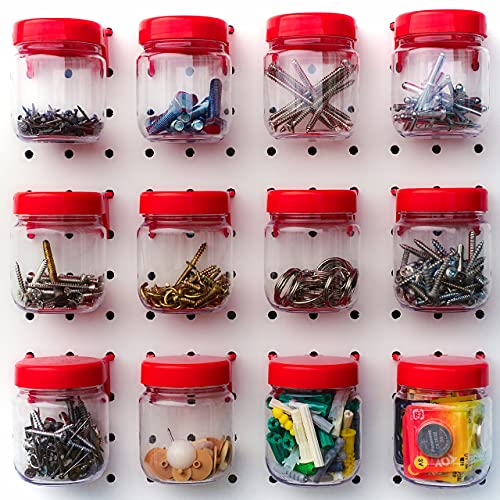 Pegboard Accessories Organizer Storage Jars - Crush & Impact Resistant Plastic Pegboard Jars - One-Handed Locking System - Peg Board Attachments for Craft, Sewing & Garage Storage - Set of 12 (Red)