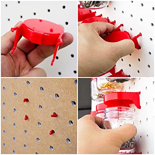 Pegboard Accessories Organizer Storage Jars - Crush & Impact Resistant Plastic Pegboard Jars - One-Handed Locking System - Peg Board Attachments for Craft, Sewing & Garage Storage - Set of 12 (Red)