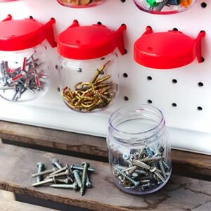 Pegboard Accessories Organizer Storage Jars - Crush & Impact Resistant Plastic Pegboard Jars - One-Handed Locking System - Peg Board Attachments for Craft, Sewing & Garage Storage - Set of 12 (Red)