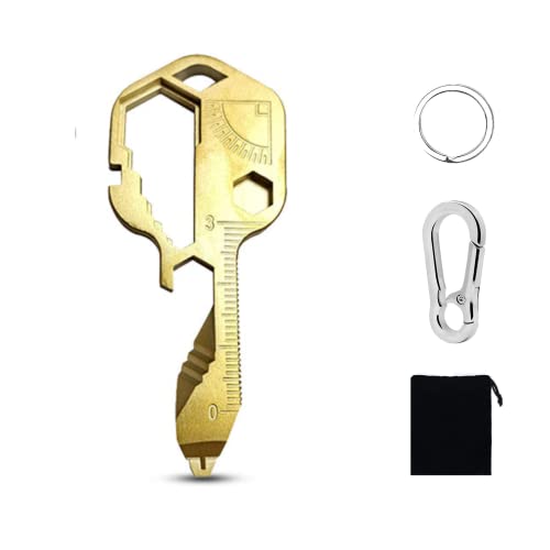 Generic, 24- in-1 Key Shaped Pocket Tool, multitool key with key chain, Outdoor keychain tool for Drill Drive, Screwdriver, file, Wrench, Ruler, Bottle Opener,Wrench, Stripping, etc（Gold）