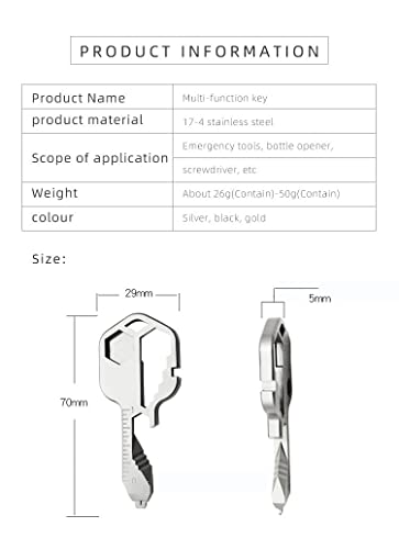 Generic, 24- in-1 Key Shaped Pocket Tool, multitool key with key chain, Outdoor keychain tool for Drill Drive, Screwdriver, file, Wrench, Ruler, Bottle Opener,Wrench, Stripping, etc（Gold）