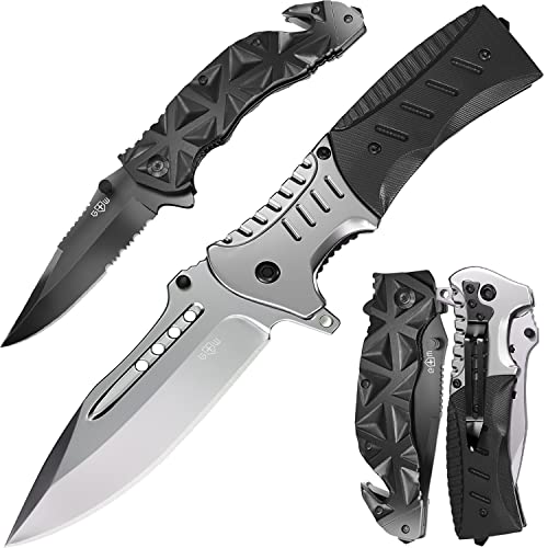 Bundle of 2 Items - Black Pocket Knife - Serrated Sharp 3,5" Blade Folding Knives - Best Camping Hunting Fishing Hiking Survival Knofe - Travel Accessories Gear Boy Scout Knife Gifts for Men