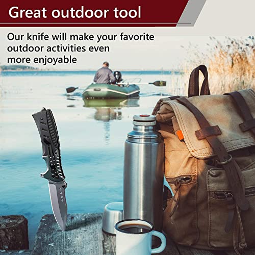 Bundle of 2 Items - Black Pocket Knife - Serrated Sharp 3,5" Blade Folding Knives - Best Camping Hunting Fishing Hiking Survival Knofe - Travel Accessories Gear Boy Scout Knife Gifts for Men