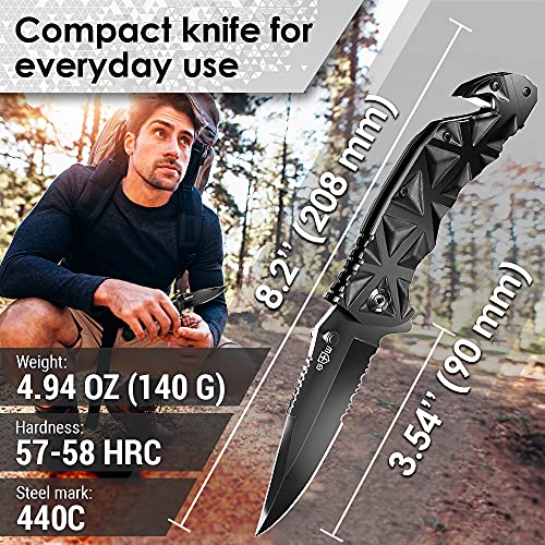 Bundle of 2 Items - Black Pocket Knife - Serrated Sharp 3,5" Blade Folding Knives - Best Camping Hunting Fishing Hiking Survival Knofe - Travel Accessories Gear Boy Scout Knife Gifts for Men