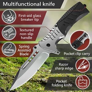 Bundle of 2 Items - Black Pocket Knife - Serrated Sharp 3,5" Blade Folding Knives - Best Camping Hunting Fishing Hiking Survival Knofe - Travel Accessories Gear Boy Scout Knife Gifts for Men