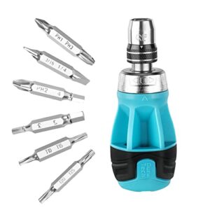 duratech stubby ratcheting screwdriver, 12-in-1 multi-bit short screw drivers, innovated bits quick-load mechanism, with phillips, slotted, torx, square bits stored in handle