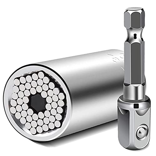 YAOGNAHS Universal Socket, 1/4"-3/4" (7mm to 19mm) Ratchet Universal Socket Set with Wrench Power Drill Adapter - Best Tool Present for Handyman Men Husband Father Boyfriend Him (Silver)