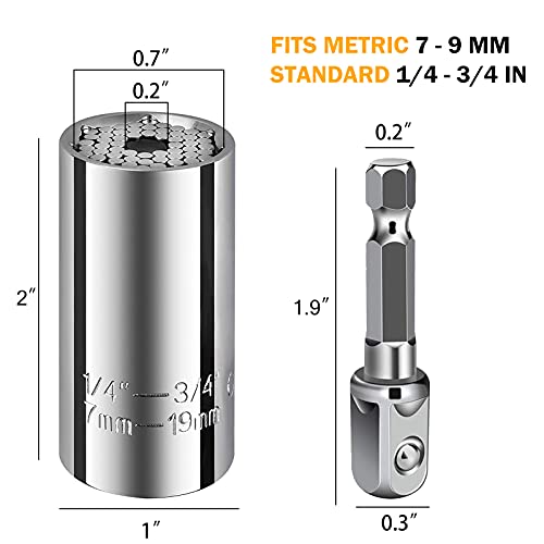 YAOGNAHS Universal Socket, 1/4"-3/4" (7mm to 19mm) Ratchet Universal Socket Set with Wrench Power Drill Adapter - Best Tool Present for Handyman Men Husband Father Boyfriend Him (Silver)