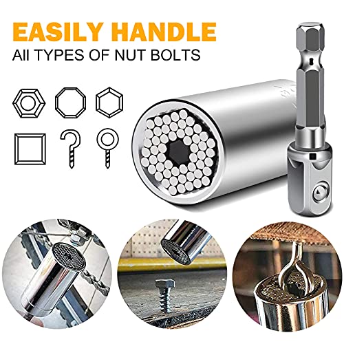 YAOGNAHS Universal Socket, 1/4"-3/4" (7mm to 19mm) Ratchet Universal Socket Set with Wrench Power Drill Adapter - Best Tool Present for Handyman Men Husband Father Boyfriend Him (Silver)