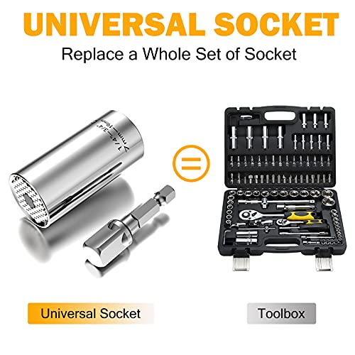 YAOGNAHS Universal Socket, 1/4"-3/4" (7mm to 19mm) Ratchet Universal Socket Set with Wrench Power Drill Adapter - Best Tool Present for Handyman Men Husband Father Boyfriend Him (Silver)