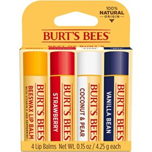 burt’s bees lip balm easter basket stuffers, moisturizing lip care spring gift, for all day hydration, 100% natural, original beeswax, strawberry, coconut & pear & vanilla (4 pack)