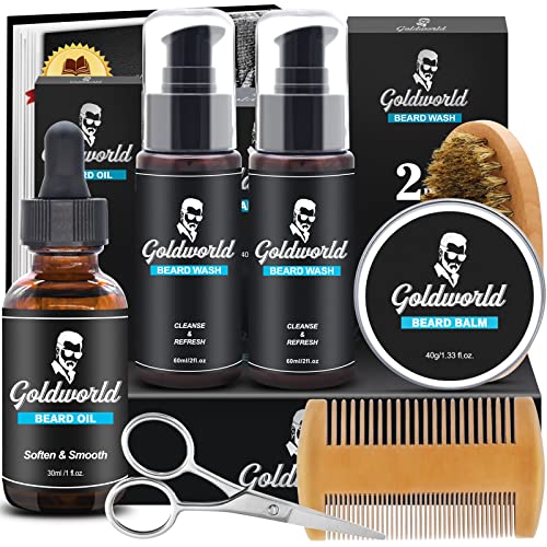 Beard Kit,Beard Growth Kit,Beard Grooming Kit w/2 Packs Beard Wash/Shampoo,Beard Growth Oil,Beard Balm,Beard Wash,Brush,Comb,Scissor,Storage Bag,E-Book,Beard Care & Trimming Kit Gifts for Men Him