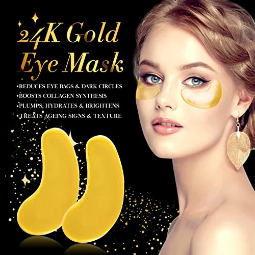 24k Gold Eye Mask,20 PC Gel Pads Collagen Eye Mask Under Eye Patches, Anti-Aging Hyaluronic Acid Eye Masks for Puffiness and Bags, Reducing Dark Circles,Wrinkles,Gold, Bulk Gifts for Women Men