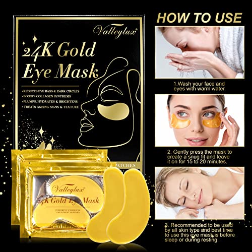 24k Gold Eye Mask,20 PC Gel Pads Collagen Eye Mask Under Eye Patches, Anti-Aging Hyaluronic Acid Eye Masks for Puffiness and Bags, Reducing Dark Circles,Wrinkles,Gold, Bulk Gifts for Women Men