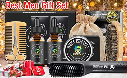 Beard Straightener w/Beard Balm & Beard Growth Oil & Beard Comb & Beard E-Book,Patented Design 3 in 1 Hair Straightener Brush Beard Straightening Comb,Unique Stocking Stuffers Gifts for Men Women Him