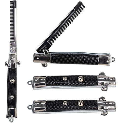 SwitchBlade Comb - (Pack of 4) Stainless Steel Novelty Switch Folding Pocket Combs Set Flick Comb for Hair, Beard or Mustache, Stocking Stuffers