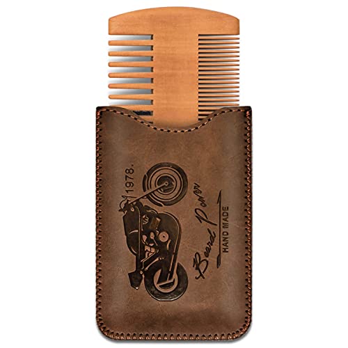 Beard Power Wooden Beard Comb & Durable Case for Men with Sexy Beard, Fine & Coarse Teeth, Pocket Comb for Beards & Mustaches (motorcycle brown)