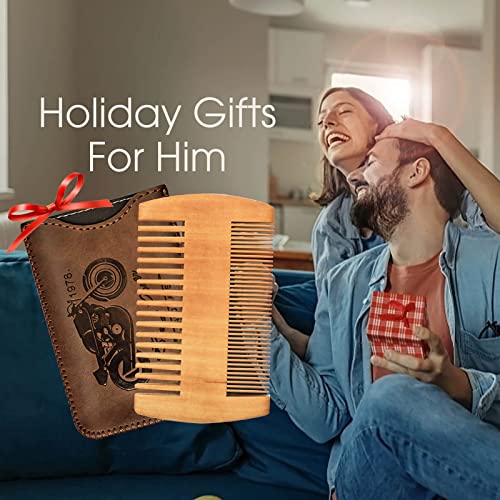 Beard Power Wooden Beard Comb & Durable Case for Men with Sexy Beard, Fine & Coarse Teeth, Pocket Comb for Beards & Mustaches (motorcycle brown)