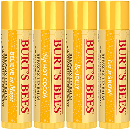 Burt's Bees Christmas Gifts, 4 Lip Balm Stocking Stuffers Products, Jingle Balms Set - Classic Beeswax Moisturizing Lip Balm