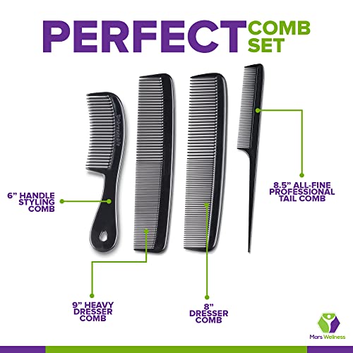 Mars Wellness 4 Piece Professional Comb Set Black - USA MADE - Fine Pro Tail Combs, Dresser Hair Comb Styling Comb - Premium Grade for Men and Women - Parting Teasing and Styling