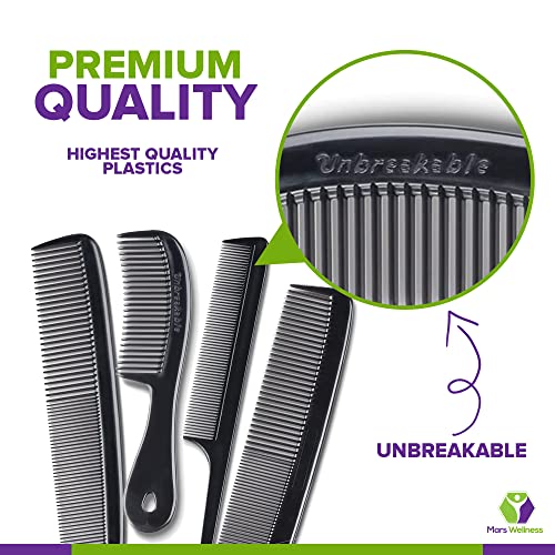 Mars Wellness 4 Piece Professional Comb Set Black - USA MADE - Fine Pro Tail Combs, Dresser Hair Comb Styling Comb - Premium Grade for Men and Women - Parting Teasing and Styling