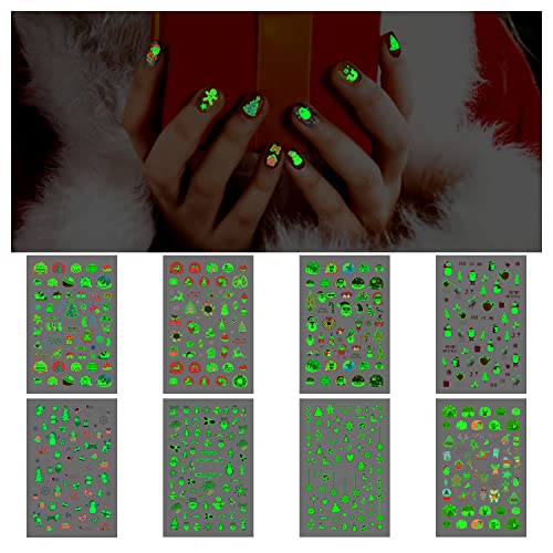 Cerlaza 450+pcs Luminous Christmas Nail Stickers for Kids Girls Christmas Stocking Stuffers, Self-Adhesive Glow Christmas Nail Decals, Holiday Nail Stickers with Santa Claus, Christmas trees, Gingerbread men-8 Sheets