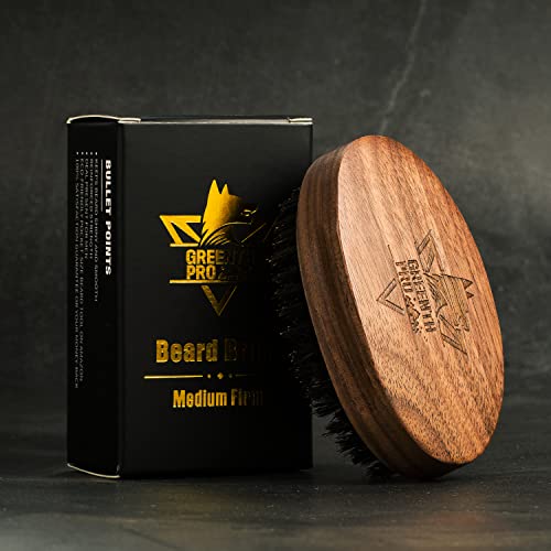 GREENTH PRO Walnut Wood Beard Brush - Boar Bristle Brush for Men - Military Style Beard Grooming Tool