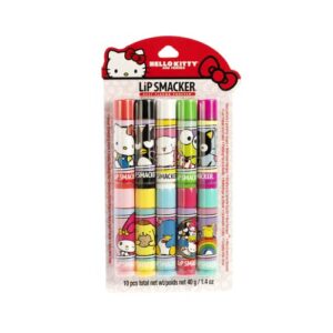 lip smacker sanrio hello kitty and friends 10 piece flavored lip balm party pack, clear matte, for kids, men, women, dry lips, my melody, little twin stars, and chococat