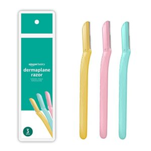 amazon basics multipurpose exfoliating dermaplaning tool, eyebrow razor, and facial razor, includes blade cover, 3 count, 1 pack of 3