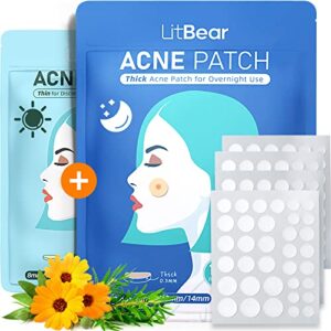 litbear acne pimple patches- day and night 4 sizes 180 dots thin & thick hydrocolloid patches with witch hazel, tea tree & calendula oil, extra adhesion pimple patches for face zit patch acne dots