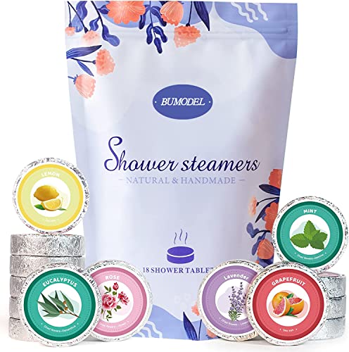 Bumodel Shower Steamers 18-Pack Shower Bombs with Essential Oils Aromatherapy Shower Tablets Gifts for Men Christmas Gifts for Women Eucalyptus Mint Lavender Lemon Grapefruit Rose