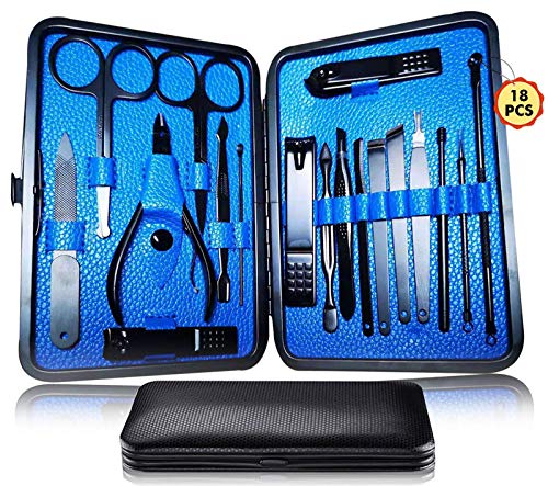 Manicure Pedicure Kit Nail Clippers Set 18 in 1 High Precision Stainless Steel Cutter File Sharp Scissors for Men & Women Fingernails & Toenails Vibrissac Scissors with Stylish Case (Blue_18in1)