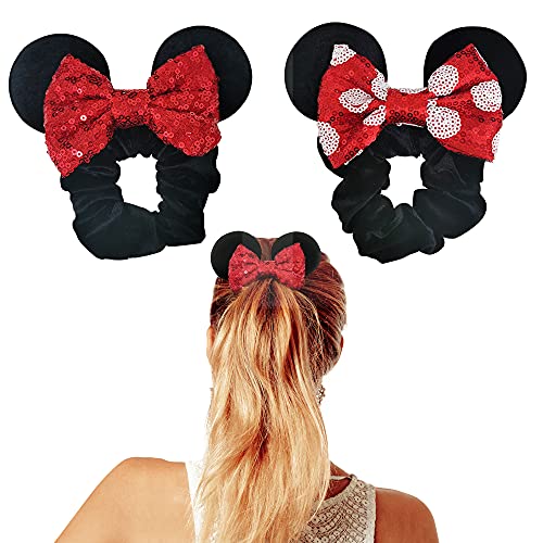 Styla Hair 2 Pack Mouse Ear Scrunchies for Kids Velvet Hair Bow Scrunchies for Women - Sparkle Sequins Mouse Hair Bands for Pony Tail - Red & Black