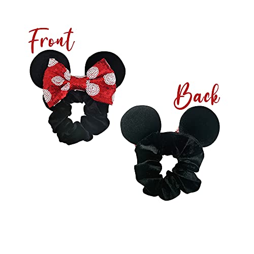 Styla Hair 2 Pack Mouse Ear Scrunchies for Kids Velvet Hair Bow Scrunchies for Women - Sparkle Sequins Mouse Hair Bands for Pony Tail - Red & Black