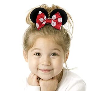 Styla Hair 2 Pack Mouse Ear Scrunchies for Kids Velvet Hair Bow Scrunchies for Women - Sparkle Sequins Mouse Hair Bands for Pony Tail - Red & Black