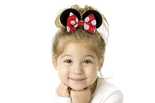 Styla Hair 2 Pack Mouse Ear Scrunchies for Kids Velvet Hair Bow Scrunchies for Women - Sparkle Sequins Mouse Hair Bands for Pony Tail - Red & Black