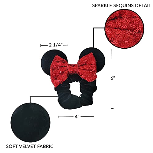 Styla Hair 2 Pack Mouse Ear Scrunchies for Kids Velvet Hair Bow Scrunchies for Women - Sparkle Sequins Mouse Hair Bands for Pony Tail - Red & Black