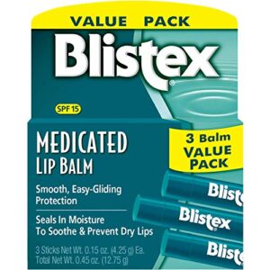 blistex medicated lip balm, 0.15 ounce, pack of 3 – prevent dryness & chapping, spf 15 sun protection, seals in moisture, hydrating lip balm, easy glide formula for full coverage