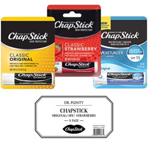 chapstick variety pack classic original, spf 15, & strawberry lip balm sticks bulk, 0.15 oz (8 count) – chap stick skin protectant moisturizer tubes, stocking stuffers – by dr. plenty