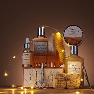 Birthday Gifts for Men, Spa Gift for Him, Dad, Mens, Husband - 11pc Vanilla Almond Unique Grooming Self Care Baskets, Bath and Body Beauty & Personal Beard Care Gifts for Men Who Have Everything