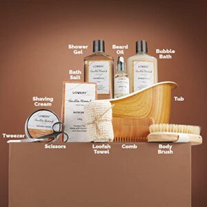 Birthday Gifts for Men, Spa Gift for Him, Dad, Mens, Husband - 11pc Vanilla Almond Unique Grooming Self Care Baskets, Bath and Body Beauty & Personal Beard Care Gifts for Men Who Have Everything