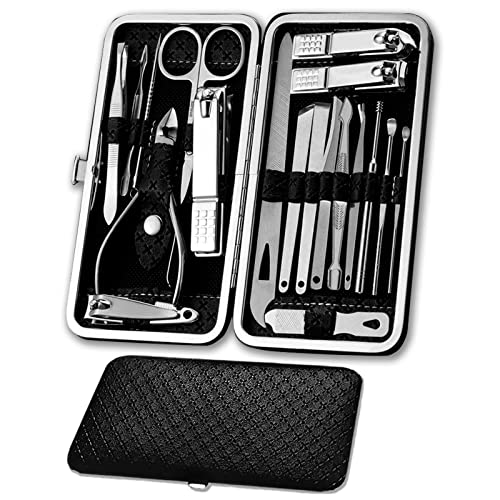 Nail Clippers Sets Stainless Steel Nail Cutter Pedicure Kit Nail File Sharp Nail Scissors and Clipper Manicure Pedicure Kit & Toenails Care with Portable Stylish case (19-Piece) (Black)