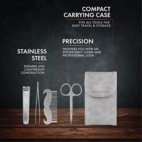 GUISE ETIQUETTE - 5 Piece Personal Travel Kit Set with Carrying Case (K12 Ion Series) | Grooming Kit with Stainless Steel Beard & Mustache Comb, Nail Clippers, Scissors & Tweezers | Portable Design