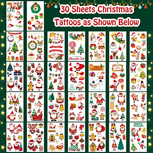 Leesgel 30 Sheets Christmas Temporary Tattoos for Kids Stocking Stuffers, Cute Holiday Tattoo Stickers for Girls Boys Christmas Gifts, Xmas Decorations Christmas Party Favors Supplies