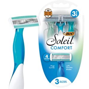 bic soleil comfort 4-blade disposable razors for women sensitive skin razor for a smooth and close shave, 3 piece razor set