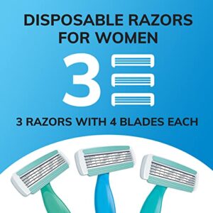 BIC Soleil Comfort 4-Blade Disposable Razors for Women Sensitive Skin Razor for a Smooth and Close Shave, 3 Piece Razor Set